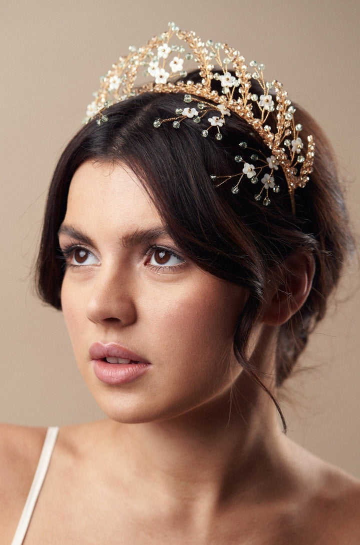 Coraline Crystal Floral Crown - Gold, Rose Gold, Silver, Green/Gold ...